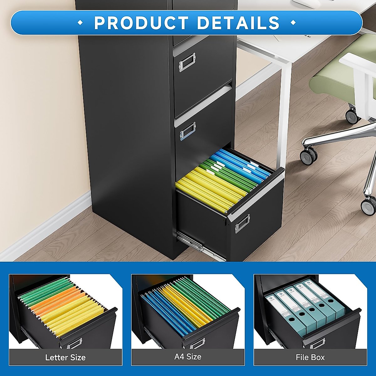 BYNSOE 4 Drawer File Cabinet with Lock Metal Vertical File Cabinet Office Home Vertical File Cabinet for A4 Legal/Letter Size Narrow File Cabinet Locked,Assembly Required (Black, 4 Drawers- Vertical)