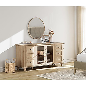 WAMPAT Sideboard Buffet Cabinets with Glass Door, Kitchen Storage Cabinets, Wood Coffee Bar Tables, Accent Sideboard Storage Cabinet Table Dining Room, Living Room,Oak