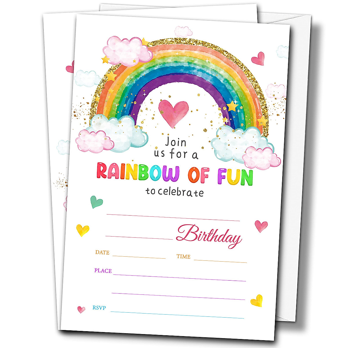Buildinest Rainbow Birthday Party Invitations with Envelopes (20-Pack), 4"x6" Rainbow Cloud Heart Birthday Invitation Cards, Rainbow of Fun Party Invites-B28