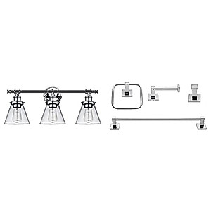 Globe Electric 51445 Parker 3-Light Chrome Vanity Light Fixture with Clear Glass Shades + 51368 Finn 4-Piece Polished Chrome Bathroom Hardware Accessory Kit with Towel Bar, Towel Ring, Robe Hook