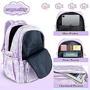 THE Crafts Girls Backpack Bookbag Set with Lunch Bag Pencil Case 3 in all for Elementary Primary Middle School Teenage(Purple Mermaid