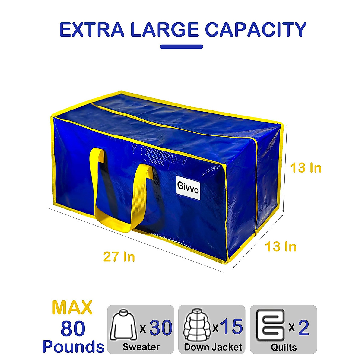 4P Extra Large Moving Bags, Heavy Duty Moving Bags for Clothes, Waterproof Storage Bags for College Dorm, Moving Totes Alternative To Oversize Moving Box Blue