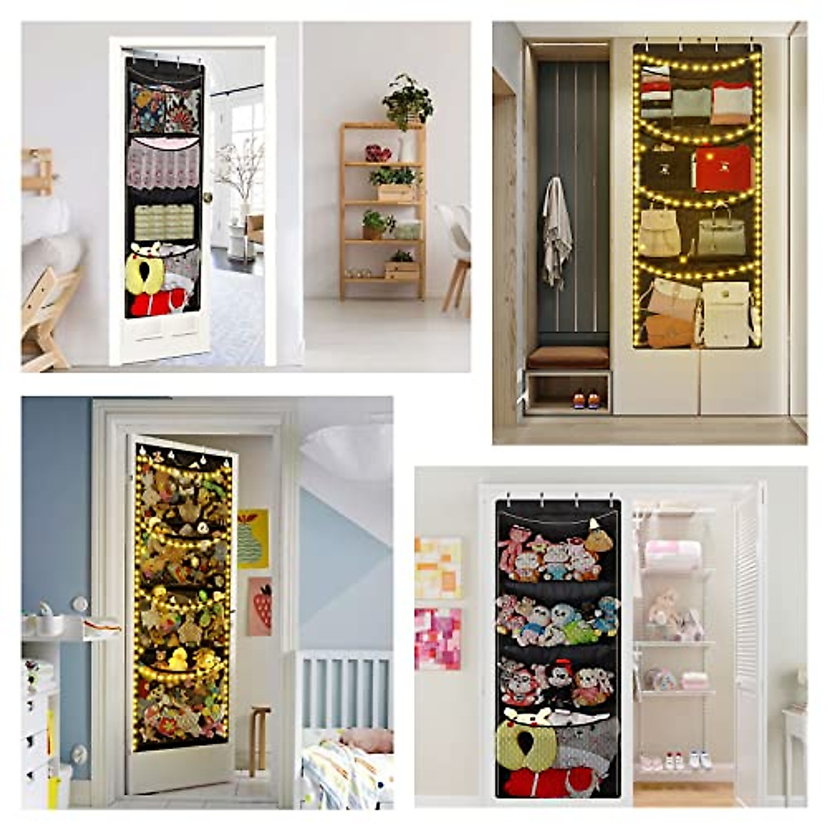 Stuffed Animal Storage with LED Light, Over the Door Hanging Stuffed Animal Holder with 5 Meters LED Fairy String, 4 Large Pockets for Stuffed Animal Storage Ideas, Nursery, Bedroom, Kids Room