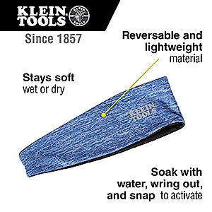 Klein Tools 60487 Headband, Cooling Evaporative Sweatband, Reversible and Lightweight, Can be Worn under Hard Hat or Helmet, Blue, 2-Pack