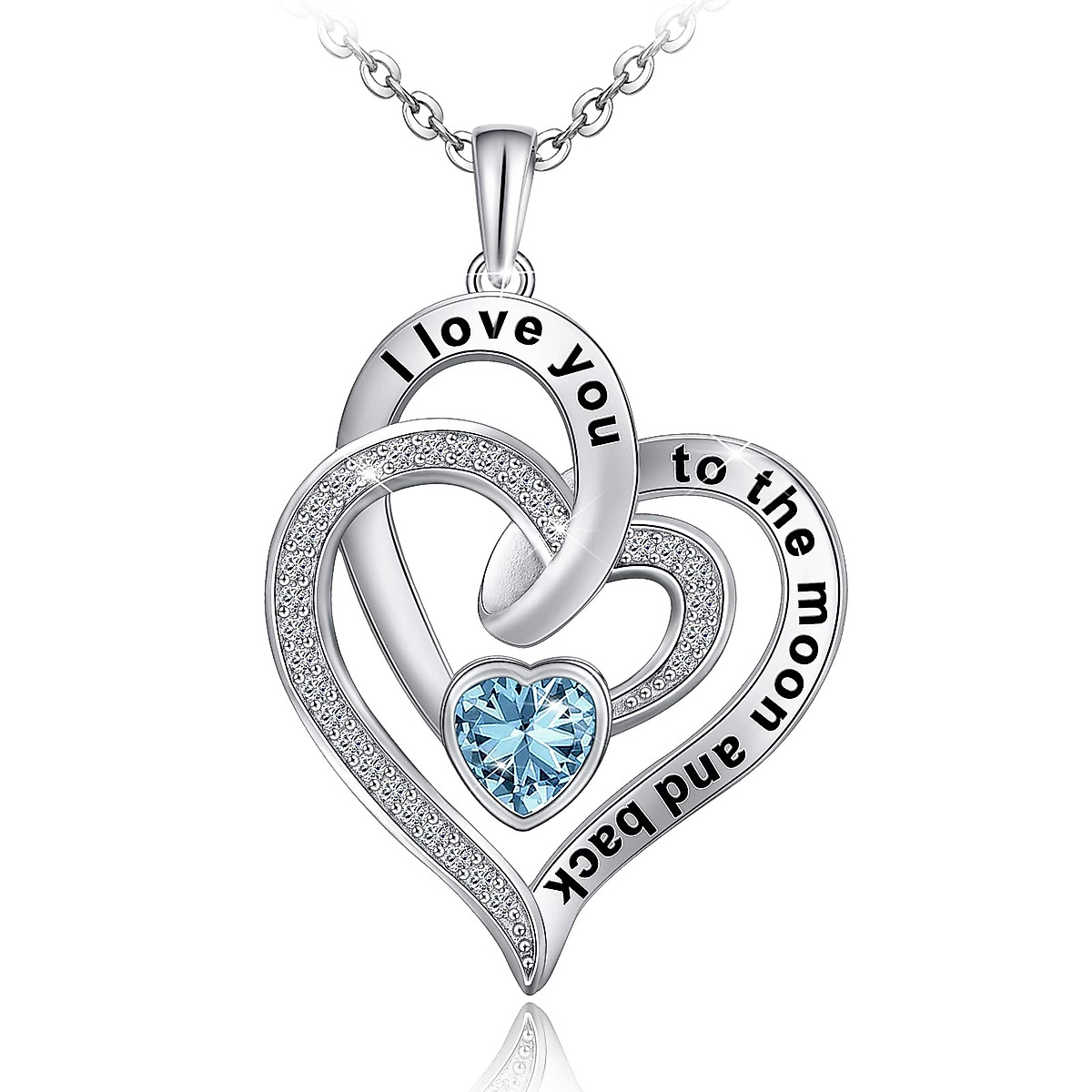 Distance Heart Necklace for Women 925 Sterling Silver Blue March Birthstone I Love You to The Moon and Back Necklaces for Valentines Day Birthday Mother Days' Jewelry Gift with Box