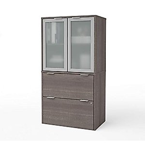Bestar i3 Plus Lateral File Cabinet with Frosted Glass Doors Hutch, 31W, Bark Grey