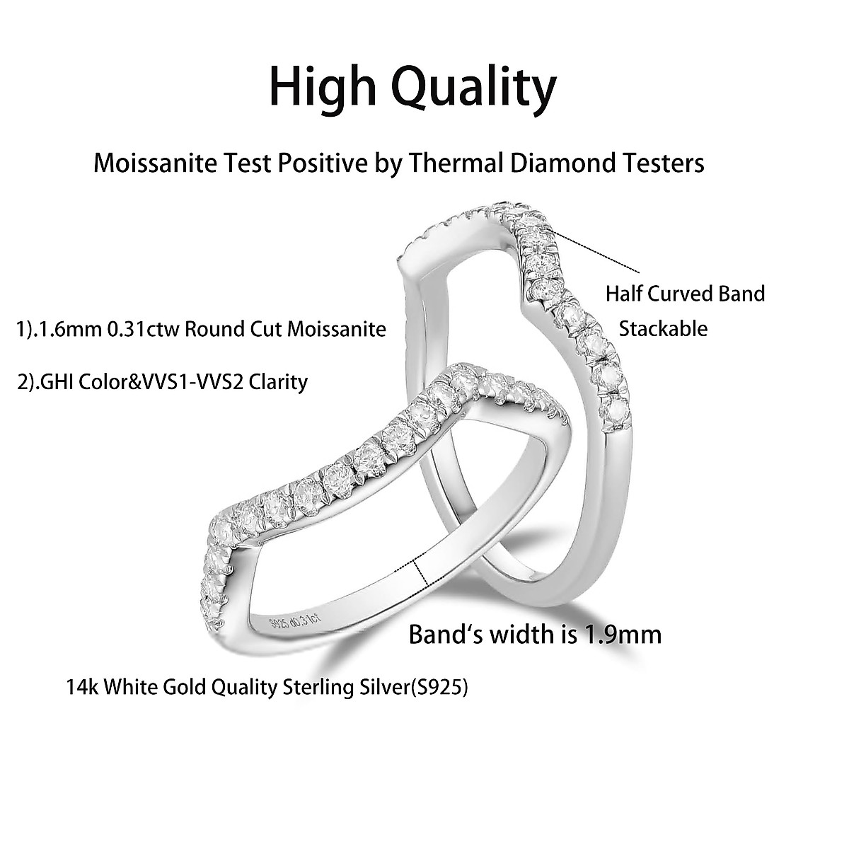 DovEggs Moissanite Wedding Band Half Eternity for Women 0.31ct GH Color Heart Arrows Cut Moissanite Stackable Curved Anniversary Ring 14k Gold QUALITY Sterling Silver（Wedding Band Only 4.5）