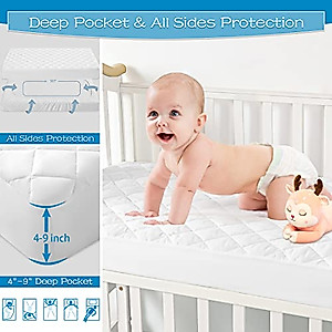 GRT 2 Pack Waterproof Crib Mattress Protector, Quilted Baby Mattress Cover Fitted Deep Pocket from 4" up to 9", Extra Soft Breathable & Noiseless Toddler Mattress Pad 52"x28", White
