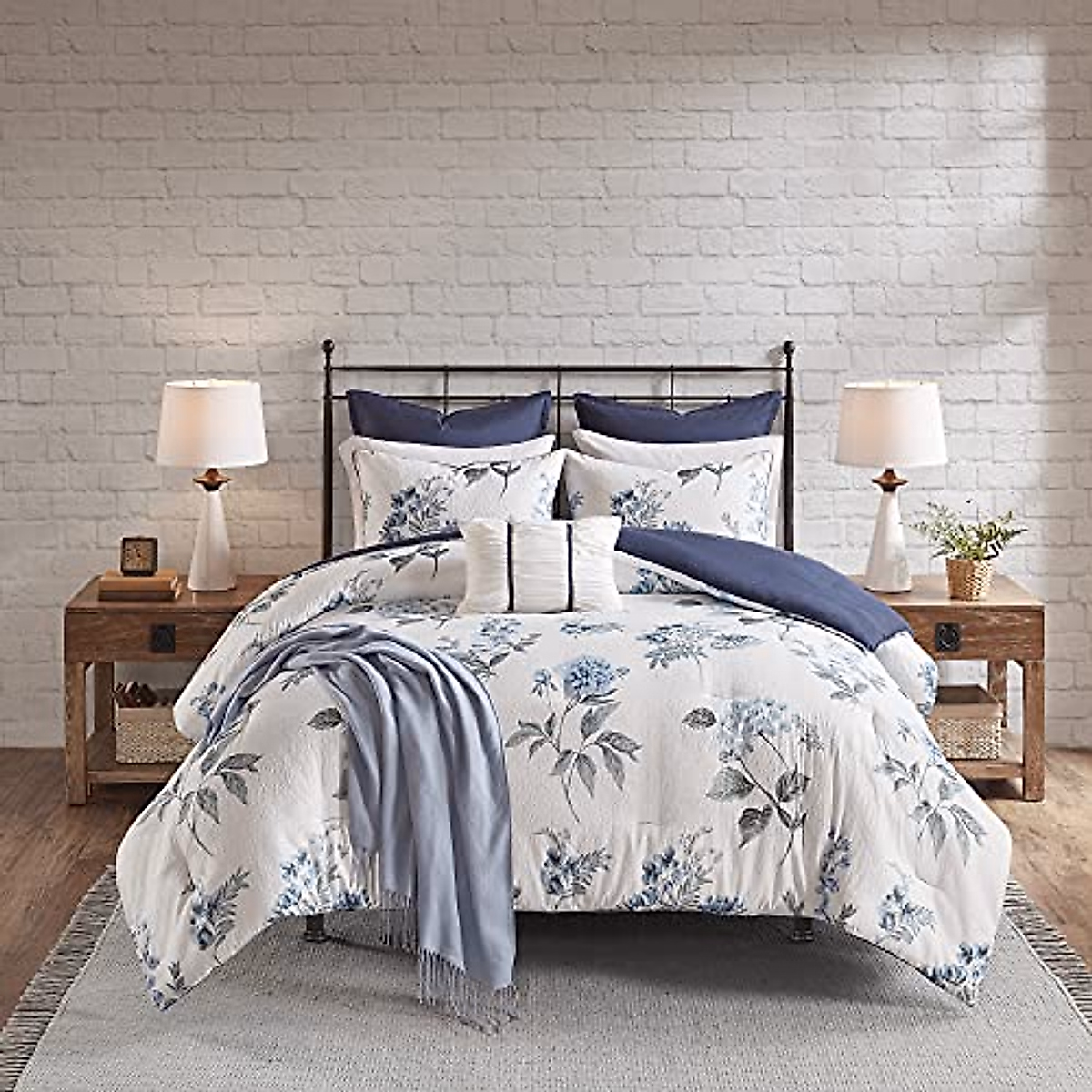 Madison Park Zennia Farmhouse Comforter Set with Throw-Blanket, Floral Print on Seersucker Textures, All Season Bedding, Matching Shams, Toss Pillows, Full/Queen(90"x90"), Blue 7 Piece
