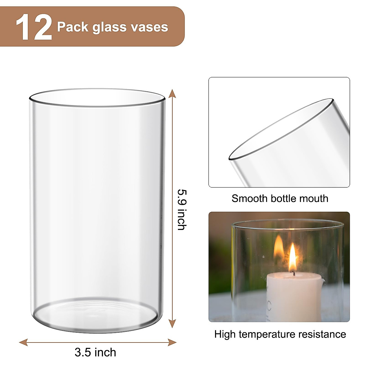 Devilfire 12Pcs Glass Cylinder vases for Centerpieces, 6 Inches Tall Flower Vases Wedding Decorations,Bulk Cylinder Flower& Plant Vases,Hurricane Candle Holder for Table Shelf, Party.