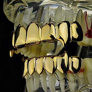 Fang Grillz Set 14k Gold Plated 8 Top Teeth Fangs Eight Bottom Hip Hop Vampire Mouth Grills