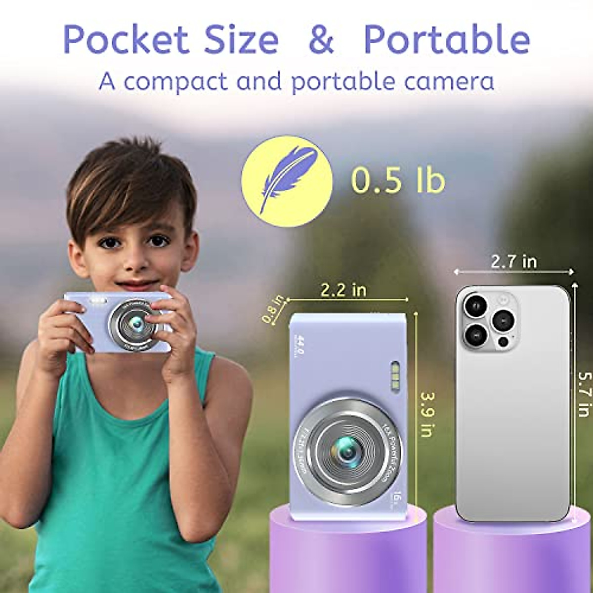 Digital Camera,Kids Camera with 32GB Card 4K 44MP Point and Shoot Camera with 16X Digital Zoom 2.4 Inch,Vlogging Camera for Students Teens Adults Girls Boys-Purple3