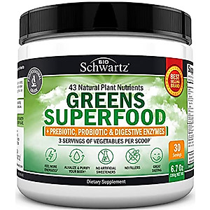 Super Greens Superfood Powder - Greens Powder with Probiotics Prebiotics Digestive Enzymes and 43 Green Superfoods - Chlorophyll Bilberry Chlorella Spirulina Grass - Tastes Amazing - 30 Servings