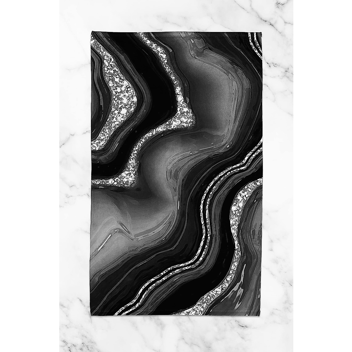 Black and Silver Marble Print Hand Towel - Faux Agate Print Kitchen Towel - Bathroom Hand Towel - Cotton Terry Cloth - 15"x25"