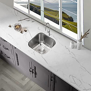 KABCO 16 Inch Square Single Bowl Stainless Steel Classic Kitchen Sink with Kitchen Sink Strainer, Garbage Basket and Sink Grid, 18 Gauge Undermount Rust Resistant Sound and Heatproof Swirl Finish Sink