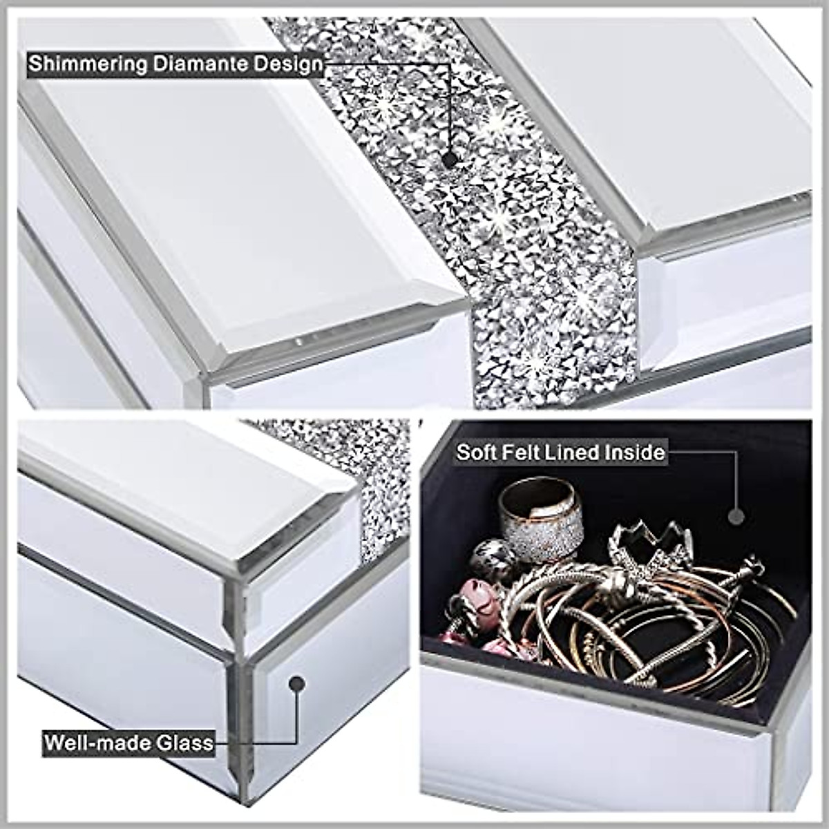Timetrace Silver Diamond Small Glass Box Glass Jewelry Box Decorative box Keepsake Box Jewelry Organizer Storage Organizer for Women Girls Luxurious Gift… (Mirrored)