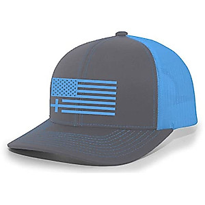 Christian American Flag Cross Mens Embroidered Mesh Back Trucker Hat, Charcoal/Neon Blue