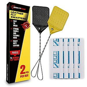 Insectifuge Leather Fly Swatter 2 Pack with 5 Window Fly Traps - Heavy Duty Fly Swatter Manual, Retractable Fly Swatter for Indoors Outdoors, Large Fly Swatters Multi Pack Long Handle, MATA Moscas