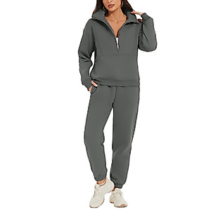 Flygo Womens Fleece 2 Piece Outfits Sweatsuit Half Zip Pullover Sweatshirt Joggers Pants Tracksuit Set (Darkgrey-M)
