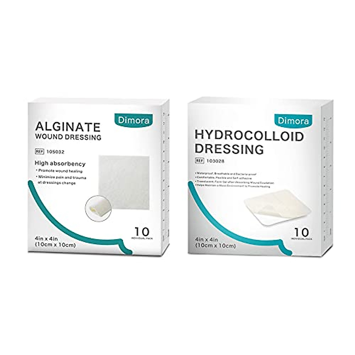 Dimora Calcium Alginate Wound Dressing, 4'' x 4'' Patches & Hydrocolloid Dressing 4'' x 4'', Sterile Self-Adhesive Patches