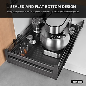 YOHOM Pull-Out Drawer Organizer Single Tier Sliding Drawer Organizer for Kitchen Cabinets, Aluminum Pull Out Tray with Dividers, DIY Installation 17" W x 21" D