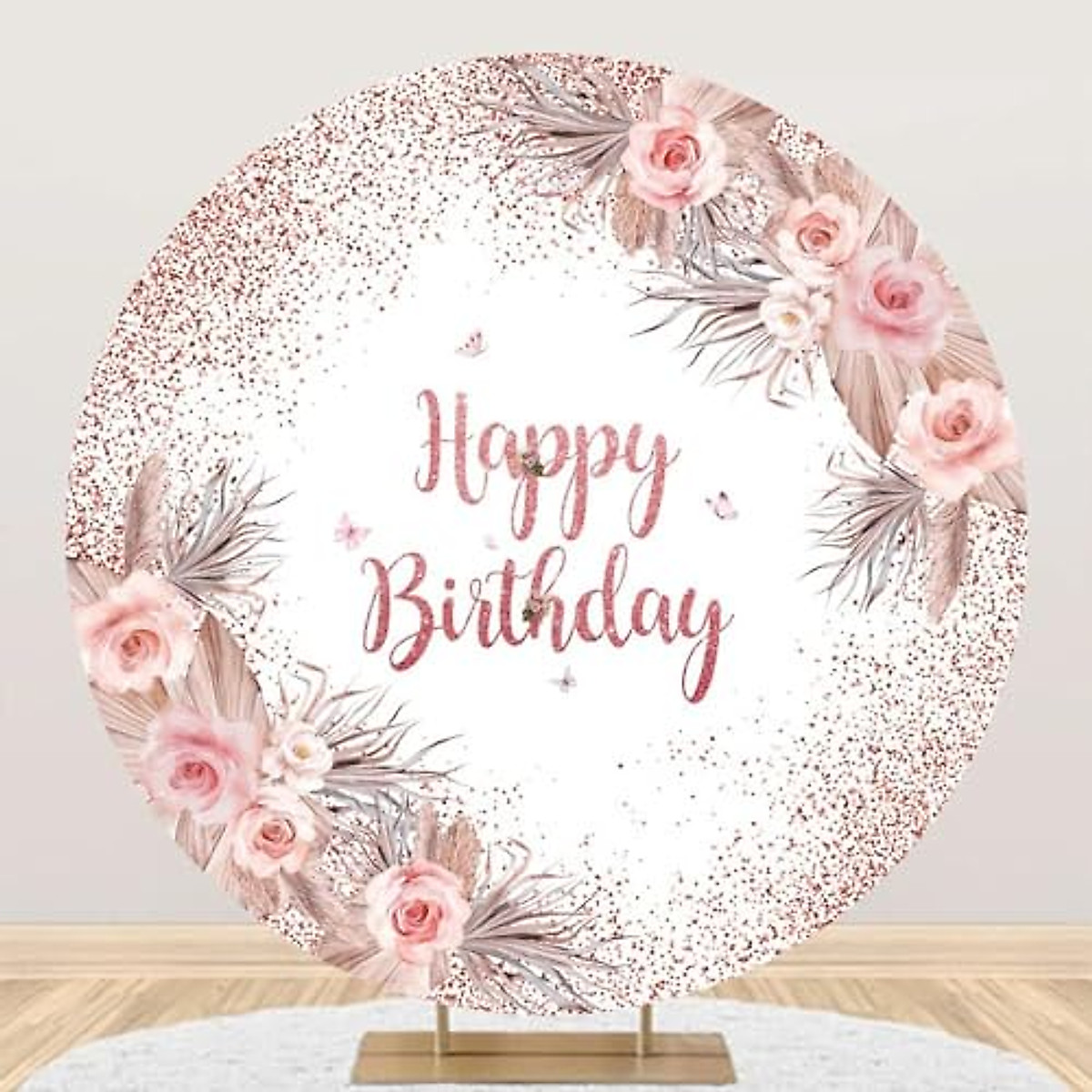 YongFoto 7x7ft Floral Happy Birthday Round Backdrop Cover Glitter Spring Pink Flowers Girl Birthday Party Circle Photography Background Cake Table Decor Kids Adults Photo Studio Props