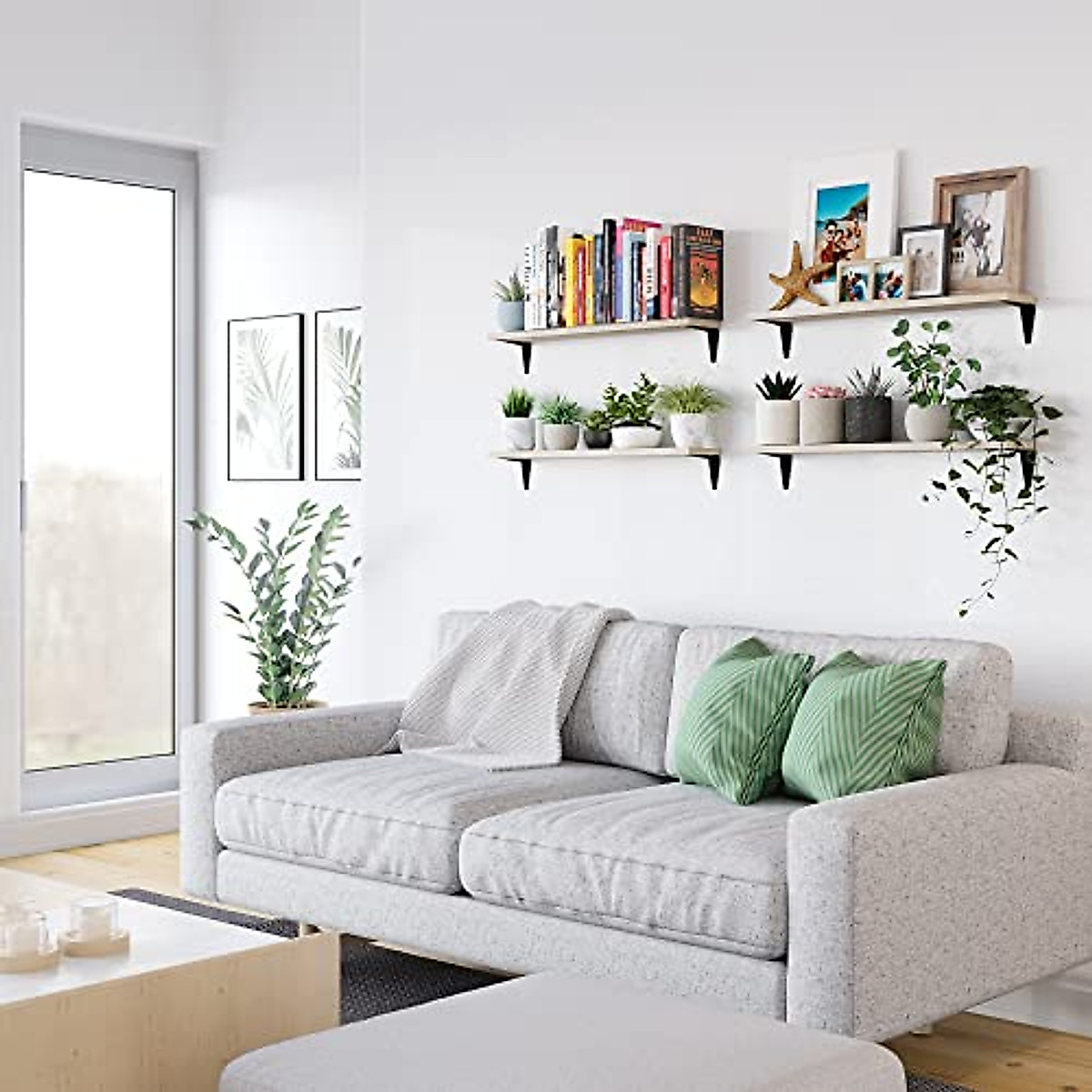 Wallniture Arras Floating Shelves for Living Room Wall Decor, Bookshelf Units Office & Kitchen Organization Wall Shelves Set of 4, Natural Wood Shelf 24"x4.5"