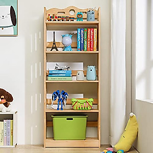 MoNiBloom 5 Tier Bookcase with Open Shelves, Solid Wood Storage Organizer Book Shelf Cabinet Display Organizer for Kids Room Living Room Bedroom, Natural