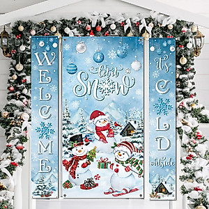 WovWeave 3 Pcs Christmas Snowman Door Cover Decorations Winter Snowflake Door Banner Let It Snow Welcome Porch Sign Holiday Hanging Backdrop for New Year Indoor Outside Front Door Party Supplies