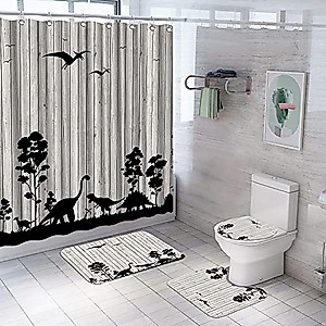 AtGoWac 4 Pieces Dinosaur Shower Curtain Sets with Rugs, Jurassic Dinosaurs Silhouette with Grey Wood Texture Background Shower Curtain Dinosaur Bath Mat Kids Bathroom Decor Sets