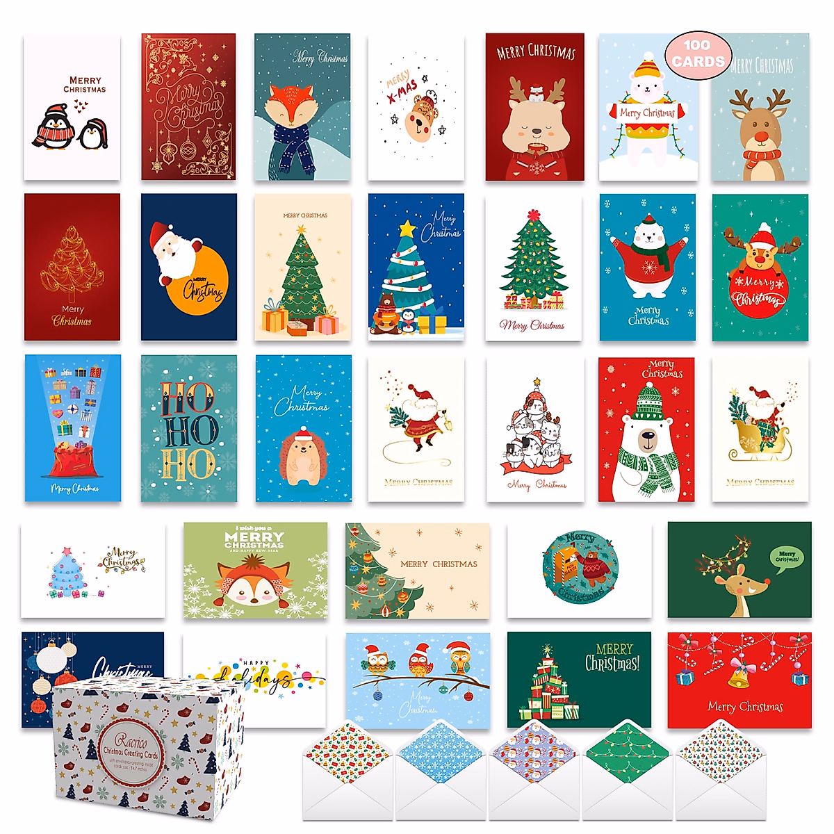 100 Unique Christmas Cards, Christmas Cards Boxed With Envelopes,Large 5X7 Inch Merry Christmas Cards Greeting Cards Set With Greeting And Sticker,Bulk Christmas Cards Boxed Set