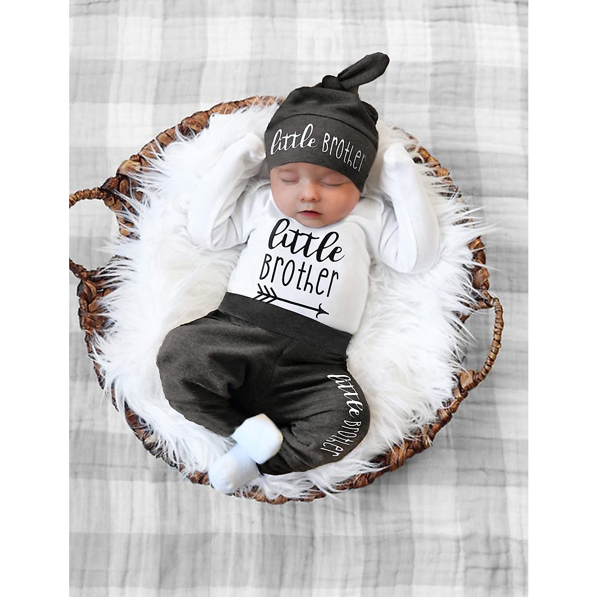 AGAPENG Newborn Boy Outfits Infant Boy Clothes Little Brother Outfit Long Sleeve Romper Pants with Hat Newborn Baby Boy Clothes