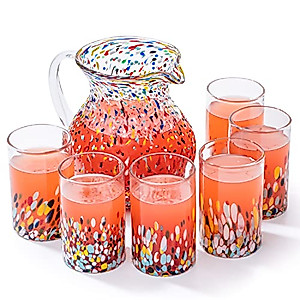 Hand Blown Mexican Drinking Glasses and Pitcher – Set of 6 with Mexican Confetti Design (14 oz each) and Pitcher (84 Ounces) by The Wine Savant (Confetti)