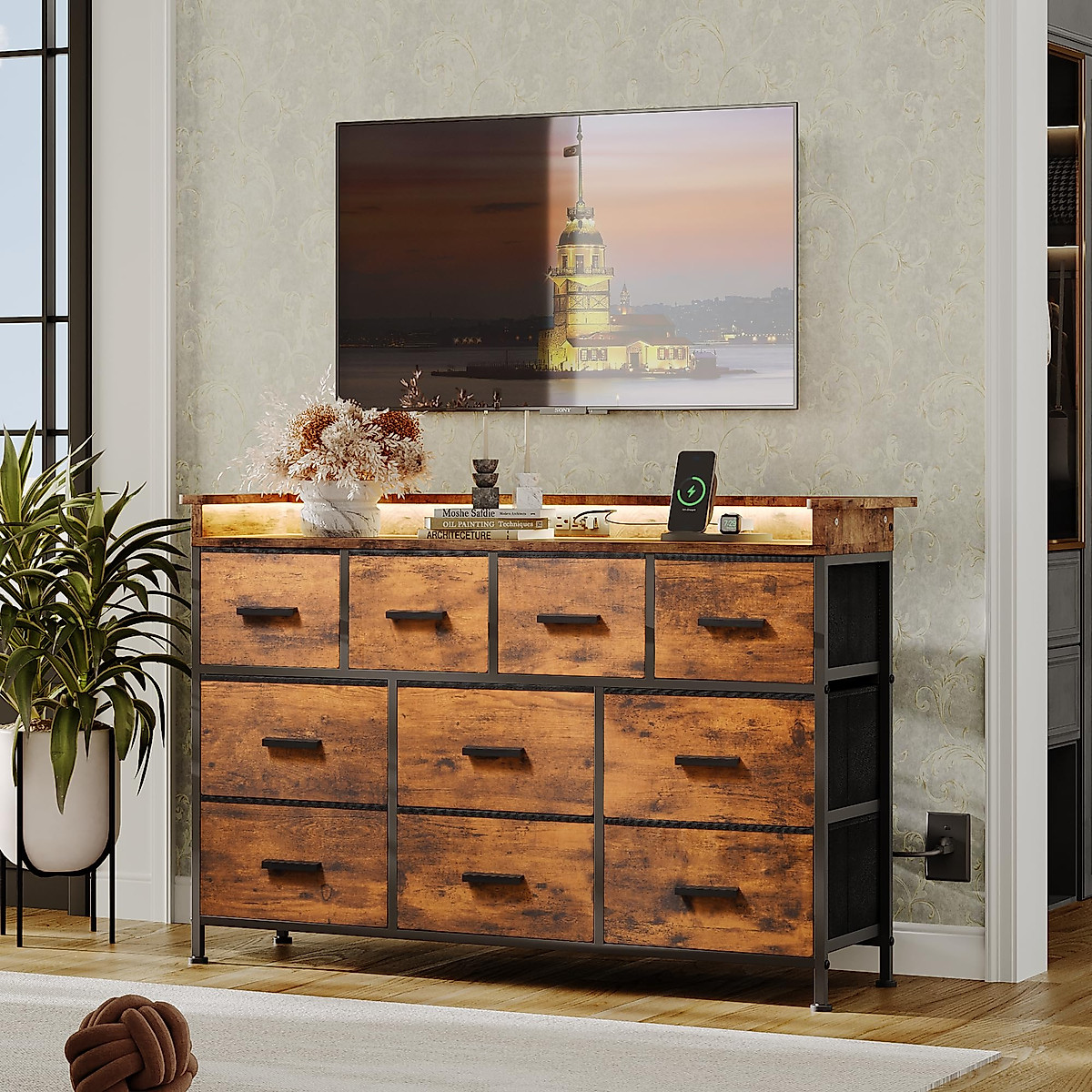 NASHZEN Dresser TV Stand with 10 Drawers, Dresser TV Stand with LED Lights & Power Outlets, Bedroom Makeup Dresser, Chest of Drawers up to 50'' Long TV, Wide Fabric Dresser with Shelf, Rustic Brown