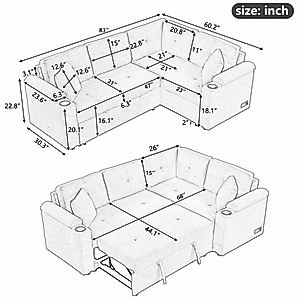 P PURLOVE Sectional Sofa with Pull-Out Sofa Bed, Boucle L-Shape Sleeper Sofa with Wheels, USB Charging Port and Power Sockets, Modern Upholstered Couch for Living Room, Bedroom, Apartment (Beige)