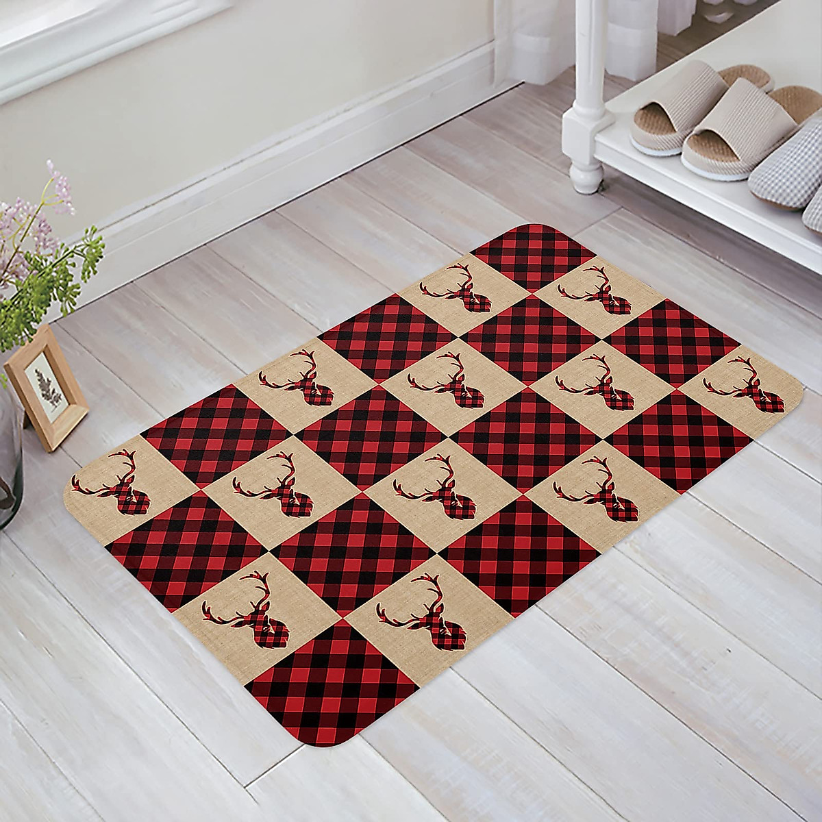 Christmas Bath Rugs Elk Deer Reindeer Sponge Doormat Absorbent Non Slip Backing Durable Soft Flannel Mat Red Buffalo Plaid Checkered Christmas Memory Foam Mats for Bathroom Kitchen 18 x 30 inches