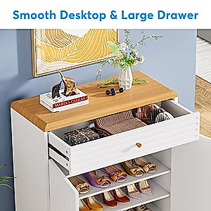Tribesigns Shoe Cabinet for Entryway, 5-Tier Modern Shoe Rack with Doors and Drawer, Wooden Shoe Storage Cabinet with Adjustable Shelves, Freestanding Shoe Organizer for Hallway Closet Bedroom(White)