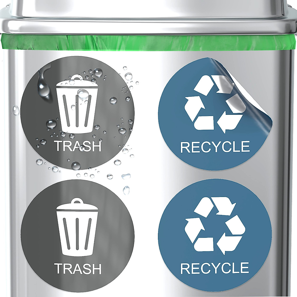 VBAP CORP Recycle Trash Bin Sticker - (Pack of 4) 3" Round Logo Sign Decal Labels Self-Adhesive Vinyl Laminated. Waterproof Indoor and Outdoor (Aquamarine/Grey)