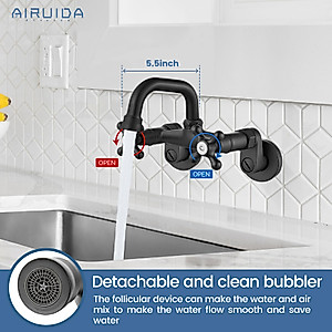 Airuida Matte Black Wall Mount Kitchen Faucet 4 Inch(10cm) Spout Reach Adjustable Center Double Cross Handles Mixer Tap 360 Rotatable Wall Mounted Faucet for Commercial Utility Laundry Restaurant