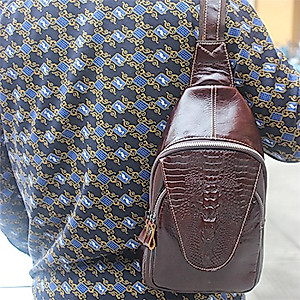NIUCUNZH Handmade Genuine Leather Crossbody Sling Bag Crocodile Embossing Chest Bag Waterproof Shoulder Bag Coffee