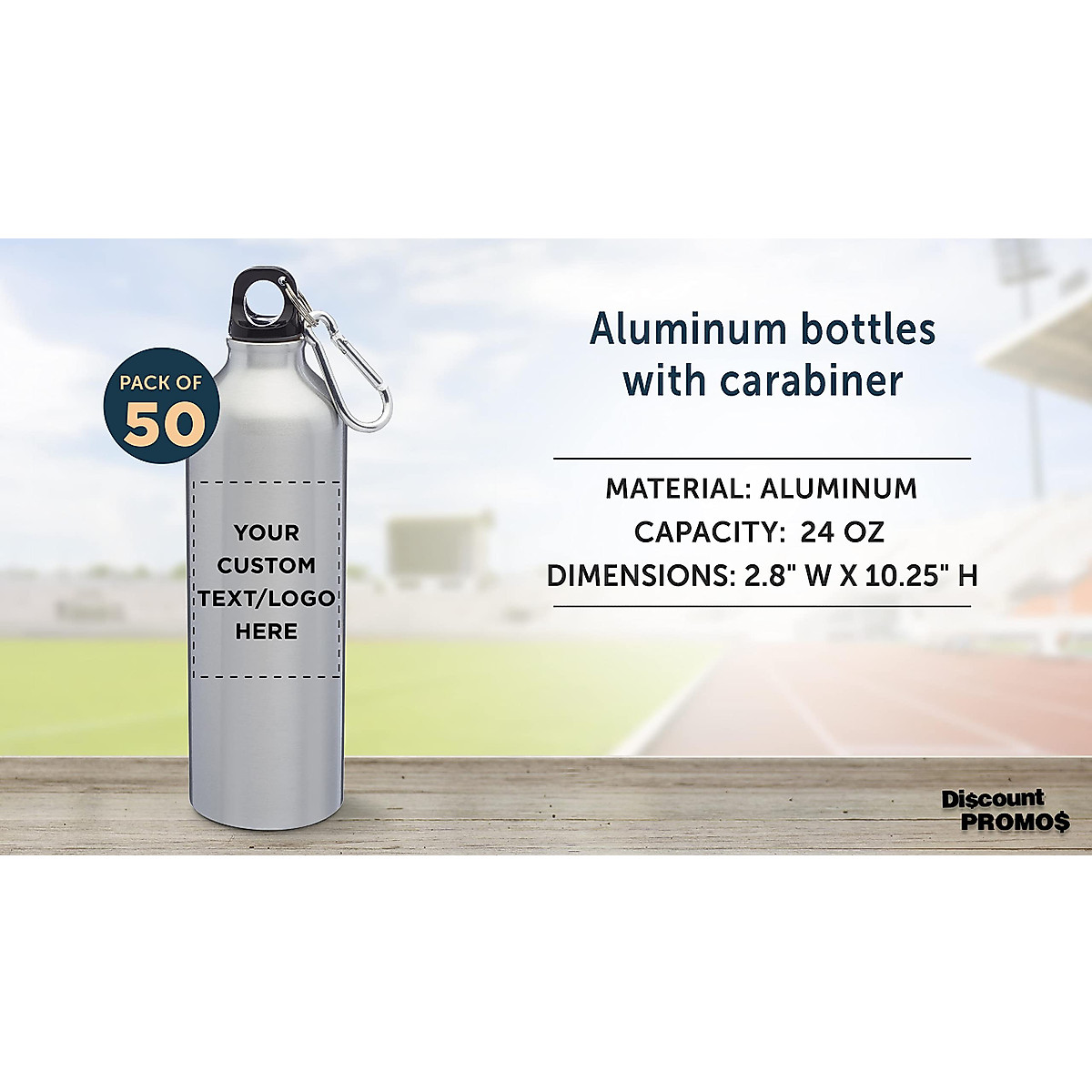 DISCOUNT PROMOS Custom Aluminum Water Bottles with Carabiner 24 oz. Set of 50, Personalized Bulk Pack - Perfect for Gym, Hiking, Camping, Running, Mountain Bike, Outdoor Sports - Silver