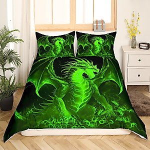 Castle Fairy Green Dragon Bedding Set Kids Boys Games Comforter Cover Flame Wild Animal Duvet Cover Room Decor Green Black Wildlife Bedspread Cover Twin Bedding Collection 2Pcs