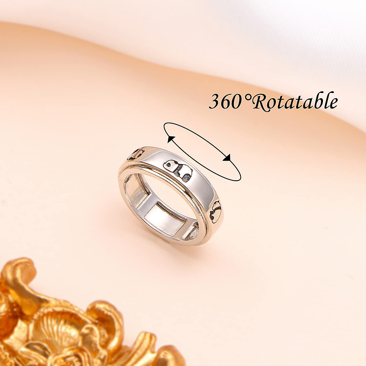 HOOHWE Spinner Rings for Anxiety,S925 Sterling Silver Fidget Anxiety Worry Relieving Boredom ADHD Autism Band Rings for Teen Girls (2-Panda Rings, 9)