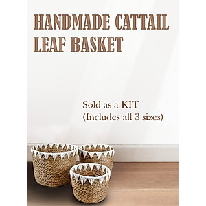 Serene Spaces Living Handmade Cattail Leaf Basket - Natural, Eco-Friendly & Durable - Perfect for Decoration, Storage, Potted Plant Cover/Cachepot or Gifting - KIT of 3 (Each in 3 Different Sizes)