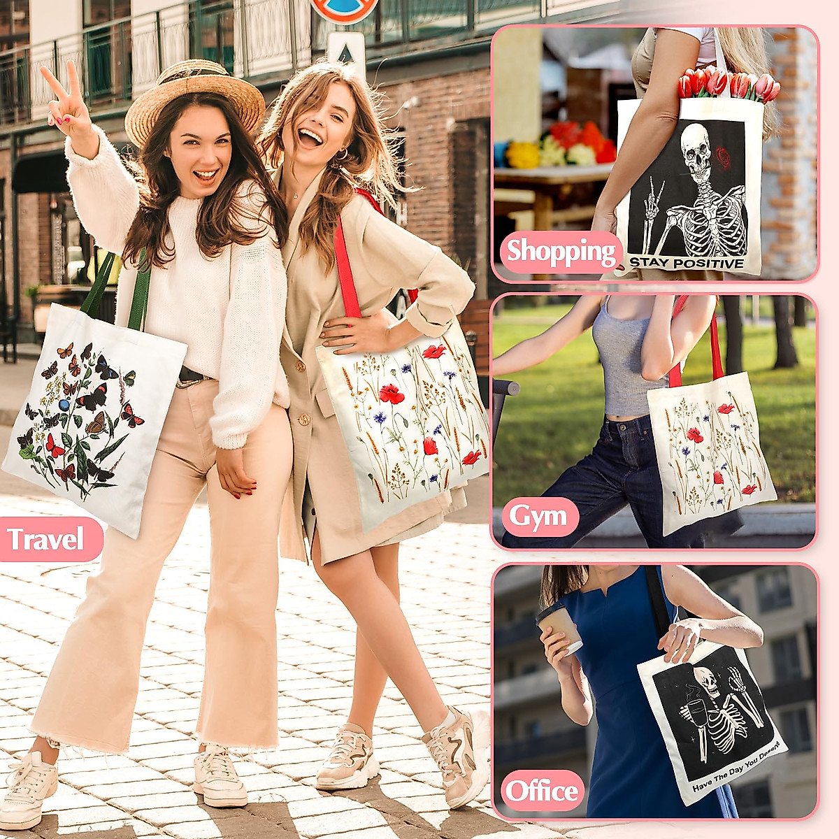 HAWHUV Aesthetic Cotton Tote Bag for Women, Large Capacity Canvas Cute Sturdy Lady Shoulder Bag with Inner Pocket