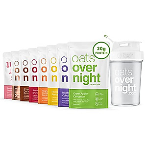 Oats Overnight - Party Variety Pack (8 Meals PLUS BlenderBottle ) High Protein, Low Sugar Breakfast Shake - Gluten Free, Non GMO Oatmeal (2.7oz per meal) Strawberries & Cream, Green Apple Cinnamon & More.