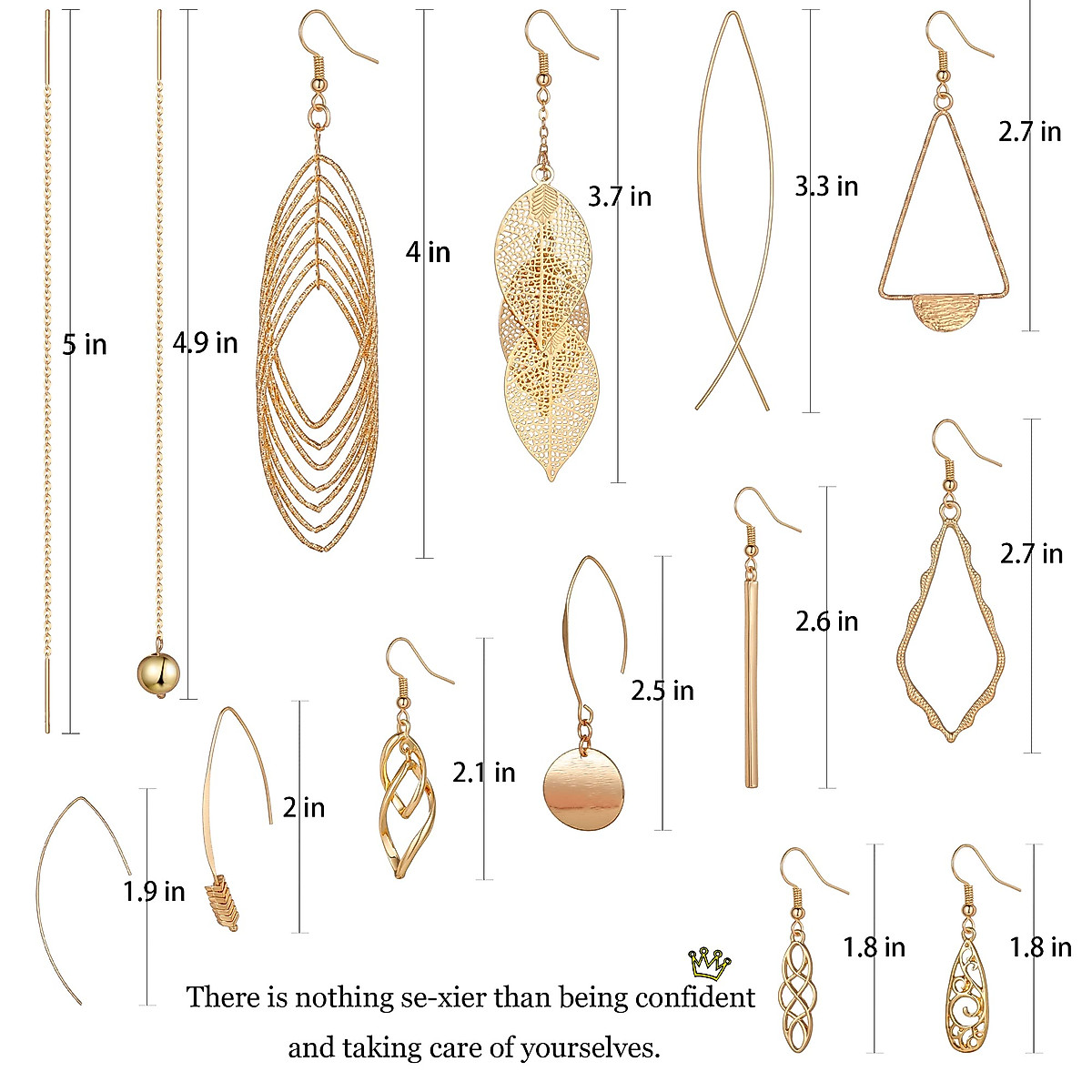 Aganippe 14 Pairs Gold Dangle Earrings for Women- Simple Drop Earrings Multipack-Curved Threader Dangle Earrings Set-Upside Down Hoop Earrings- Leaf Earrings