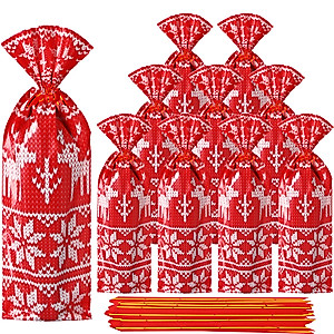 Teling 100 Pcs Christmas Wine Bottle Gift Bags Cellophane Christmas Wine Bags Red Sweater Wine Bag Cover Including 50 Pcs Wine Wrapping Bags and 50 Pcs Pull Bows for Christmas Holiday Party