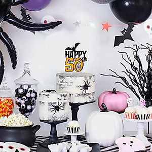 Halloween Theme 50th Happy Birthday Cake Topper - Halloween Theme Birthday Party, Halloween Bat Theme Anniversary Party, Spooky Spider Bat Decoration - LIANGSS