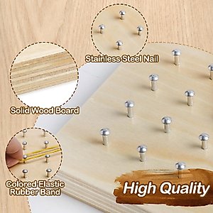 Wooden Geoboard with Rubber Bands Graphical Math Pattern Blocks Geo Board - Montessori Educational Toy for Kids with Pattern Cards and Rubber Bands Create Figures Shape STEM Puzzle Matrix Brain Teaser